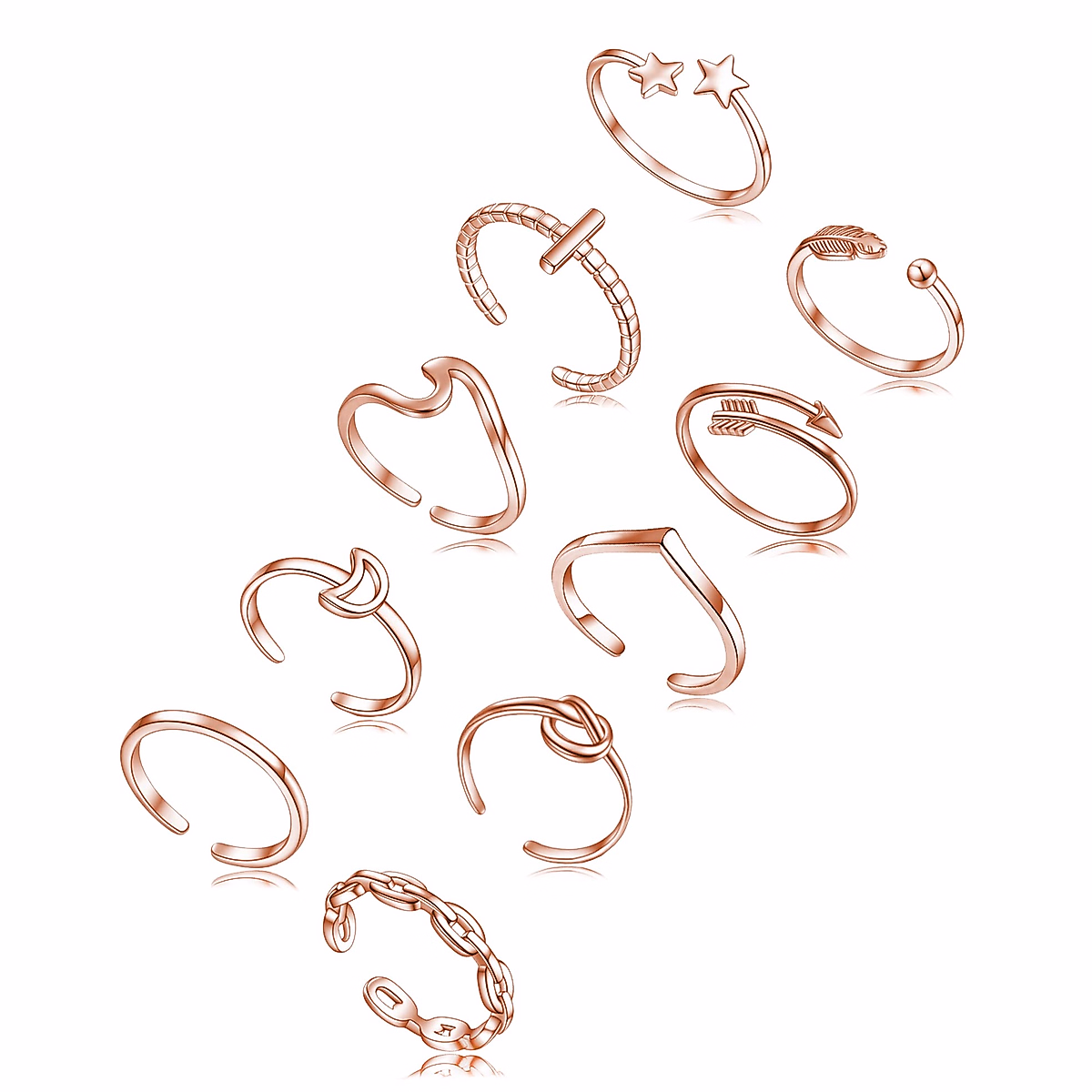 Fxiqini 10Pcs Open Rings Knuckle Rings Star Moon Arrow Knot Wave Feather Bar Retro Toe Ring Stackable Thumb Knuckle Finger Adjustable Rings for Women Men Rose Gold Tone
