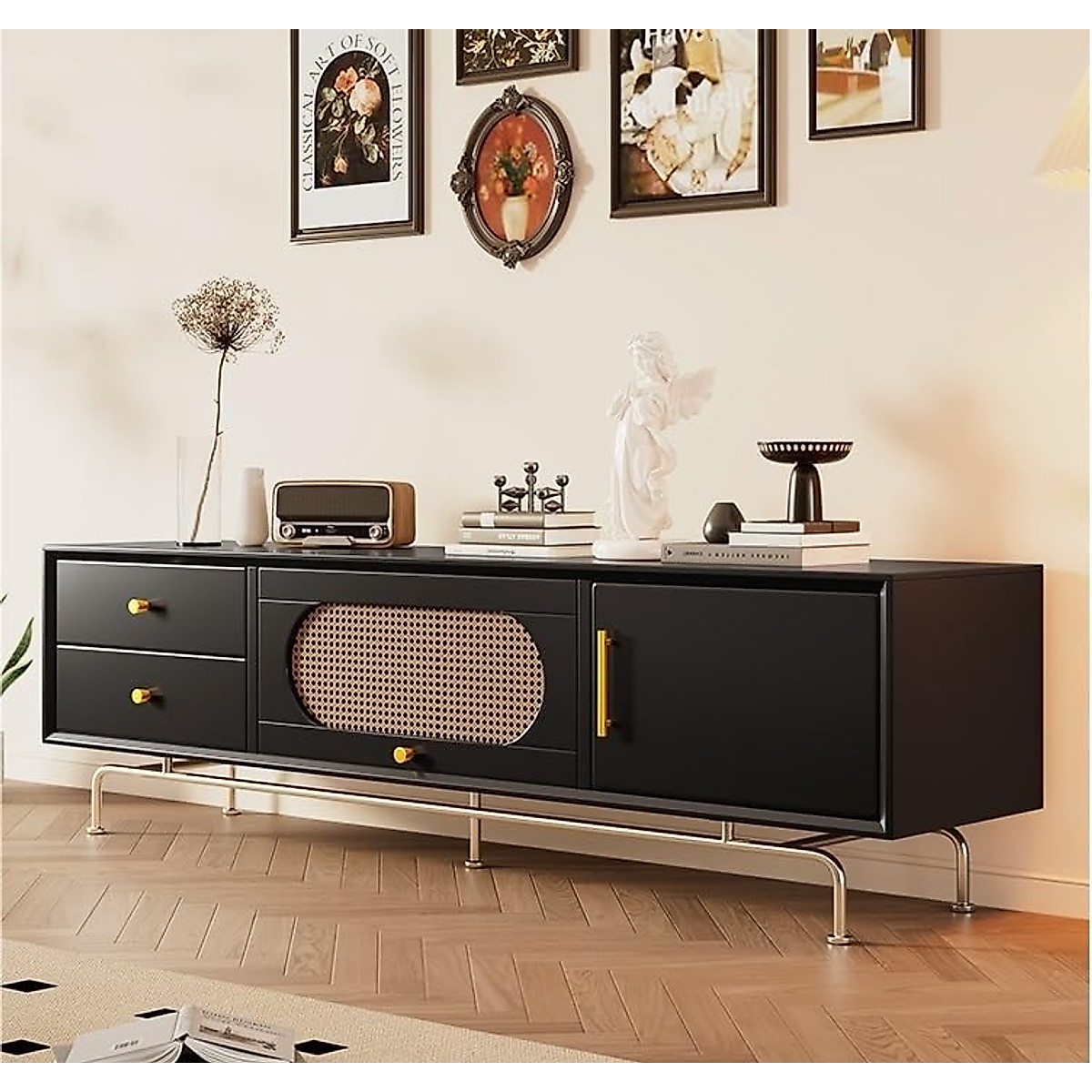 Solid Wood TV Cabinet Combo, Vintage Wall Unit for Small Living Rooms, Furniture for TV MINGPING (Color : Black, Size : 150x35x46cm)