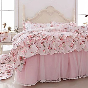 LELVA Romantic Roses Print Duvet Cover Set with Bed Skirt Pink Lace Ruffle Floral Shabby Chic Bedding Sets Queen 4 Piece