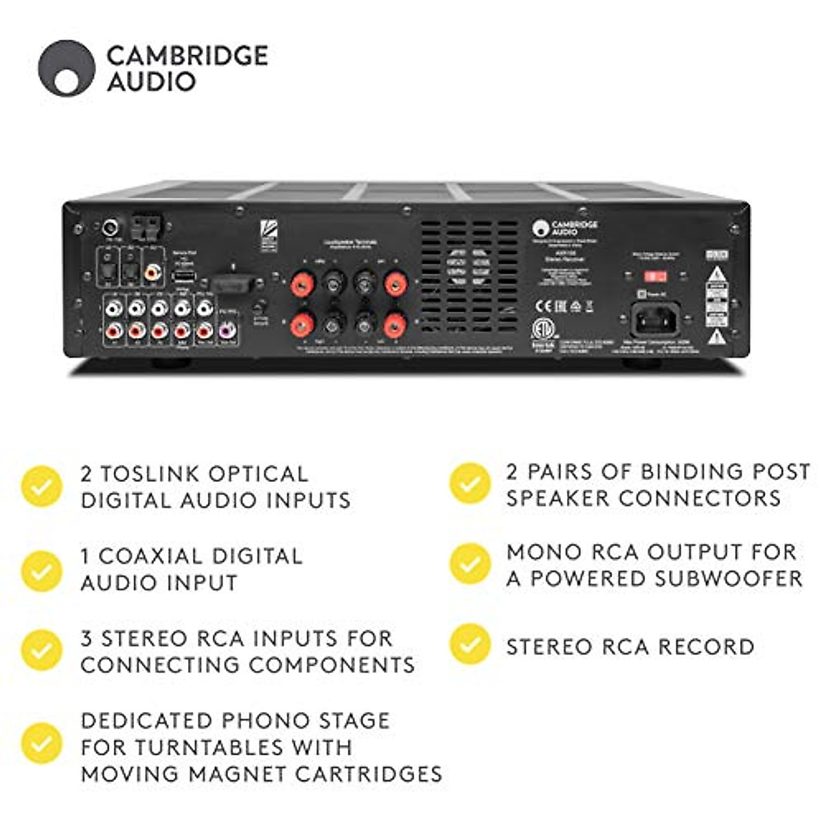 Cambridge Audio AXR100 100-Watt Stereo Receiver with Bluetooth | Built-in Phono Stage, 3.5mm Input, AM/FM with RDS