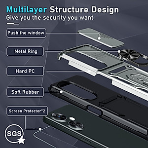 Janmitta Compatible with OnePlus Nord N30 5G Case Built in Slide Camera Lens Cover+Screen Protector+Finger Ring Holder Kickstand,Heavy Duty Shockproof Full Body Protective Phone Cover,2023 Silver