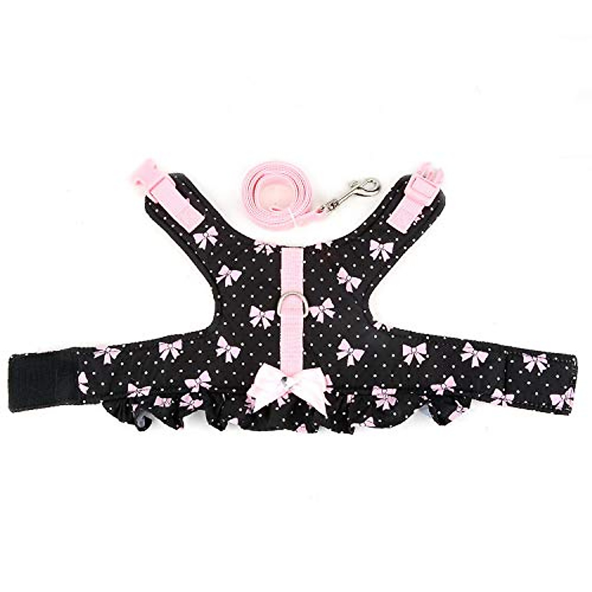 Zunea No Pull Small Dog Girl Harness Dress Escape Proof Cat Kitten Vest Harness Leash Set Step-in Soft Cotton Padded Polka Dot Jacket Chihuahua Puppy Clothes with Cute Bow for Walking Black M