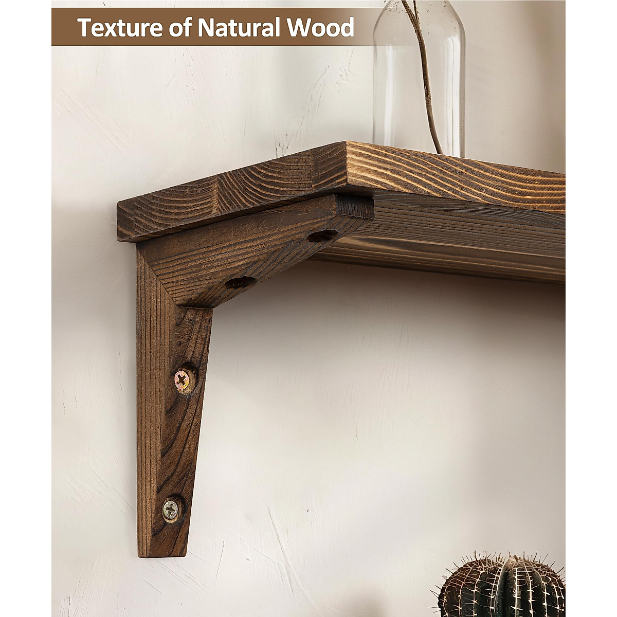 Afuly Wood Shelves for Wall, 24 Inch Rustic Floating Shelf with Wooden Brackets for Bedroom Living Room Kitchen, Wall Mounted Storage Shelving, Natural Solid Wood Home Decor