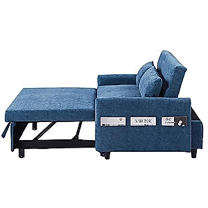 Merax 55.1" Loveseat Sofa Couch with Pull Out Bed, 3 in 1 Convertible Velvet Sleeper Sofa Bed with Adjustable Backrest & 2 Soft Pillows, Storage Pockets for Apartment, Office, Living Room (Blue)
