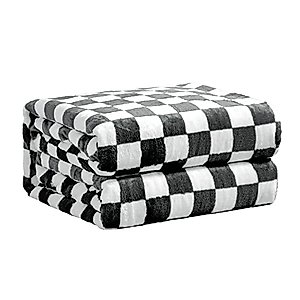 FY FIBER HOUSE Checkered Flannel Fleece Throw Blanket Queen Size Soft Cozy Checkerboard Grid Print Chessboard Gingham Pattern Blankets for Bed Couch Sofa, 90"x90", Black