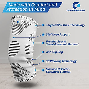 Compressa Knee Compression Sleeve For Women & Men, Braces for Pain - Premium Non-Slip Support Joint Pain, Muscle Recovery, Arthritis Relief, Injury Recovery and More Sleeves Weightlifting, Volleyball,