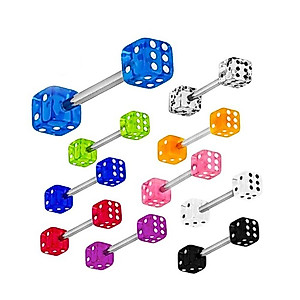 BodyJewelryOnline Barbell Tongue Rings Pack [10 Pieces], Acrylic Dice, 14 Gauge (5/8-16mm) Size, High-Grade 316L Surgical Steel, Multi-Usage, Autoclavable, Nickel-Free, Hypoallergenic