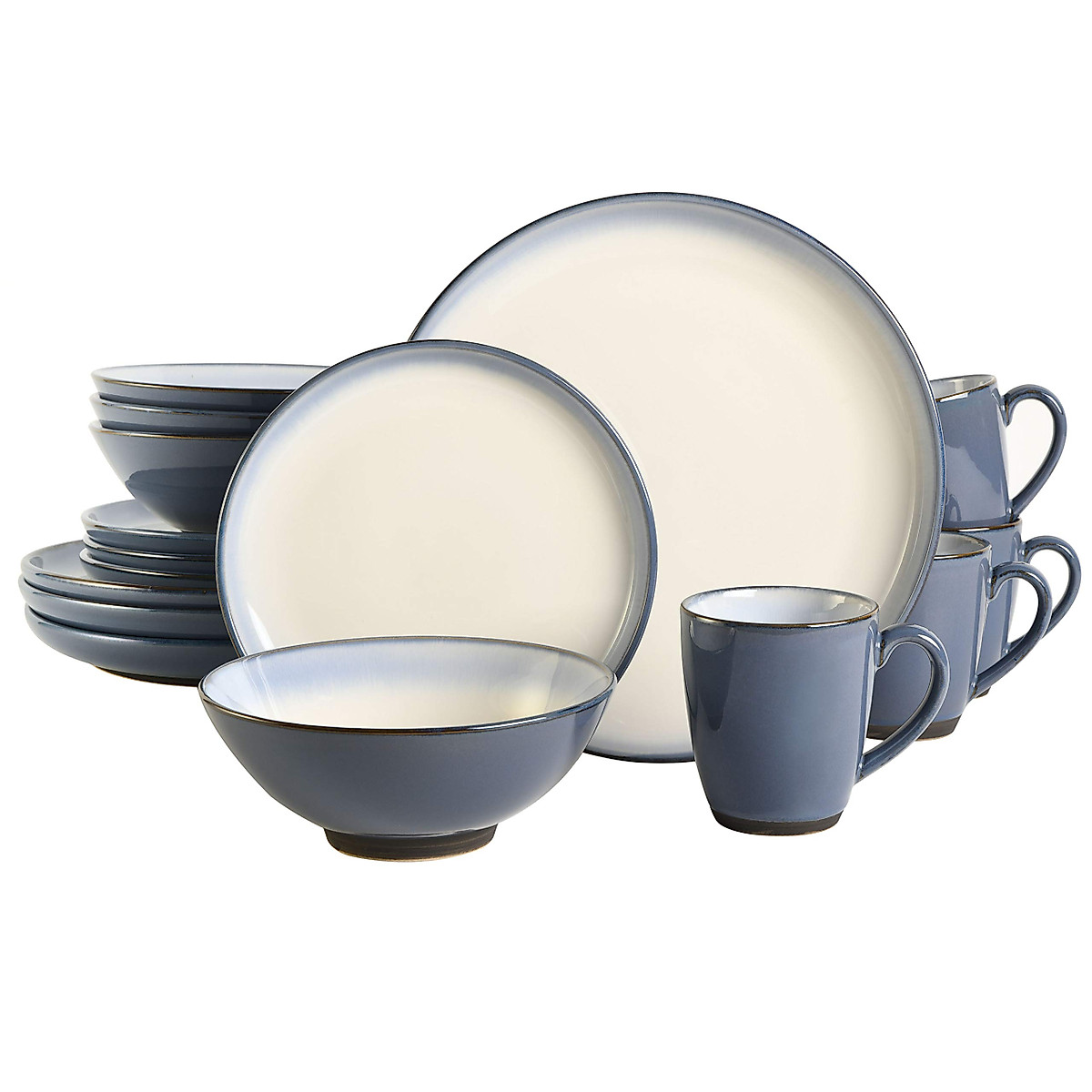 Gibson Elite Serene Fountain Round Reactive Glaze Stoneware Dinnerware Set, Service for Four (16pcs), Blue