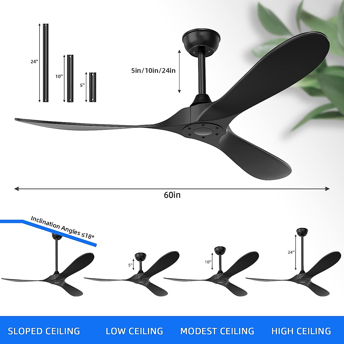 alescu Outdoor Ceiling Fan 60" with Remote Control,Modern Reversible DC Motor for Patio Bedroom Living Room Outdoor Ceiling Fans Black