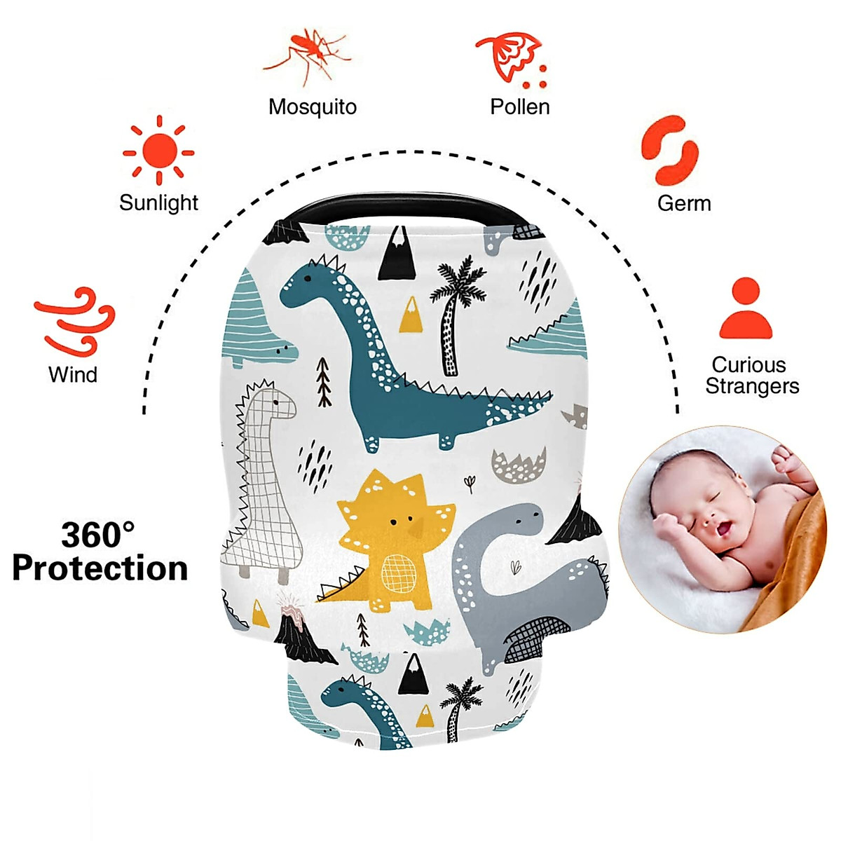 Cute Dino Scandinavian Style Baby Car Seat Cover for Boys Girls,Stretchy Infant Car Canopy,Snug Warm Breathable,Breastfeeding Covers,Nursing Scarf,Baby Shower
