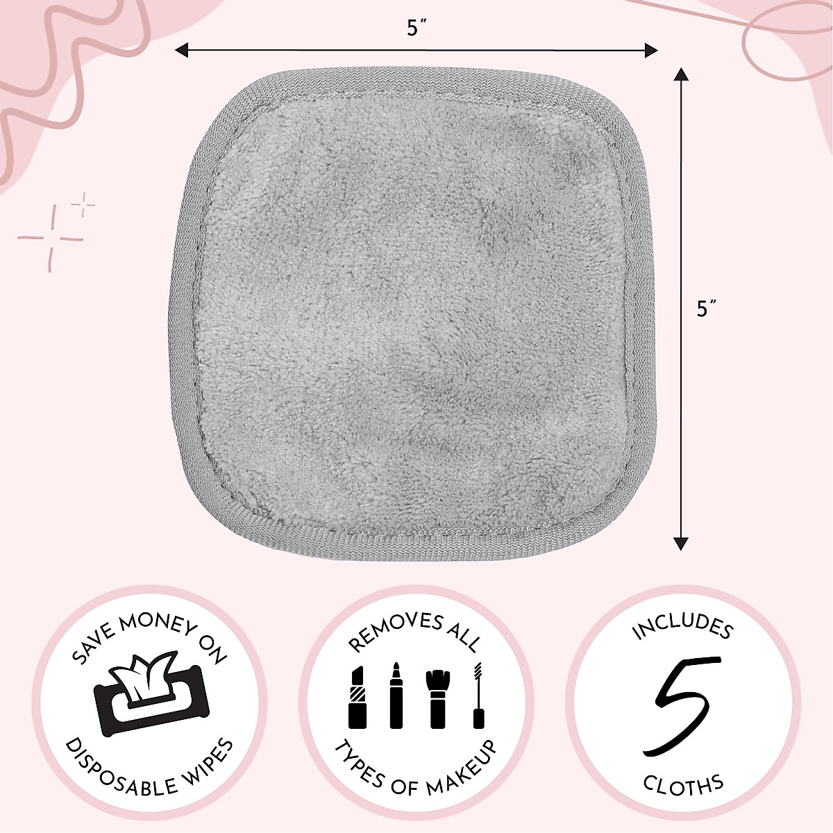 S&T INC. Reusable Makeup Remover Wipes, Microfiber Face Cloths for Washing Makeup and Oil from Skin, Travel Essentials, Grey, 5 Inch x 5 Inch, 5 Pack