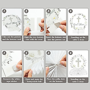 ANGOLIO White Sliver Floral Honeycomb Centerpieces - 12Pcs God Bless Table Decor Honeycomb Cross Centerpieces Baptism Religious Party Table Toppers for Bible Baby Shower Birthday Party Decor Supplies