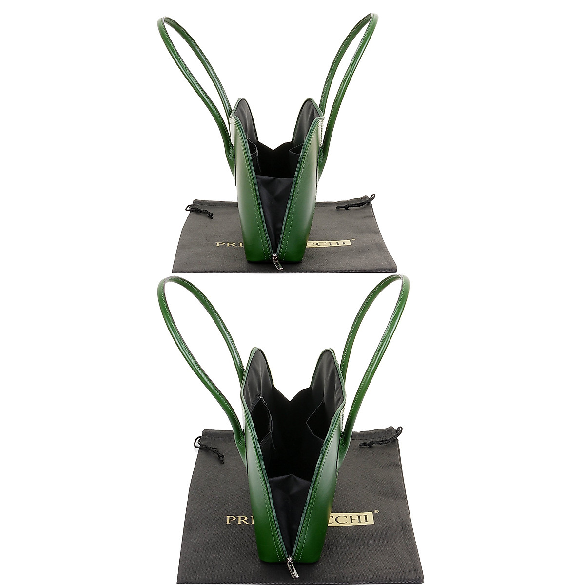 PRIMO SACCHI Italian Smooth Leather Green Classic Long Handled Handbag Tote Grab Bag Shoulder Bag