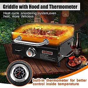 QuliMetal Table Top Grill Portable Griddle with Hood Non-Stick Flat Top Grill Griddle Propane Grill with Carry Bag 17 Inch,15,000 BTU,268 Sq,304 Stainless Steel Burner,Ceramic Coating for Outdoor Camping Party Tailgating
