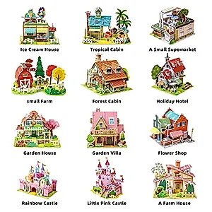 KEENTAME 3D Puzzles Gift Set for Kids DIY Jigsaw Toys Paper and EPS Foam Board and Adults Fun and Creative DIY Model Building kit for Kids Toys for Girls and Boys. (House Series (12 Sets))