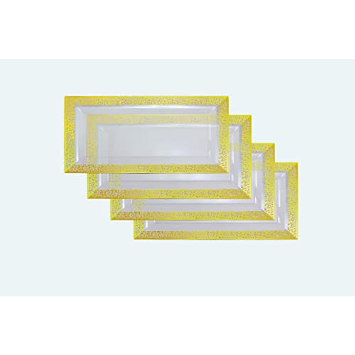 Yumchikel-Elegant Plastic Serving Tray & Platter Set (4pk) - Clear & Gold Rim Disposable Serving Trays & Platters for Food - Weddings, Upscale Parties, Dessert Table, Cupcake display - 7.5 x 14 inches