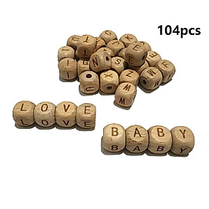 104pcs Square Wood Alphabet Letter Beads 12MM Natural Beech Wooden Letter Beads for Jewelry Toys Making DIY Mom Mak Name Necklace (104pcs Wooden Letter Beads)