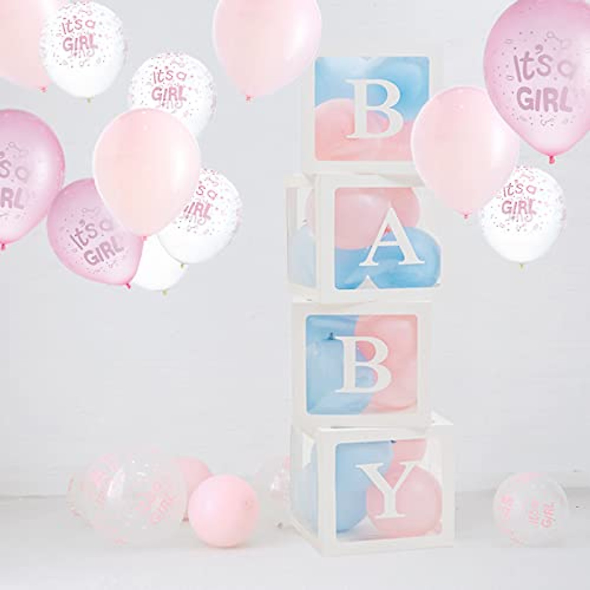 Gender Reveal Decorations - Inclusive White Baby Boxes with Letters, "boy girl" Foil Balloon,Fringe Curtain for Gender Reveal Party Supplies