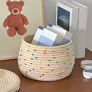 HERCHR Cotton Rope Basket, Small Rainbow Basket Mini Woven Basket Small Round Basket Woven Storage Basket with Lid for Organizing