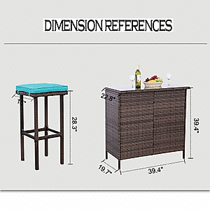 Polar Aurora 3PCS Patio Bar Set with Stools and Glass Top Table Patio Wicker Outdoor Furniture with Blue Removable Cushions for Backyards, Porches, Gardens or Poolside