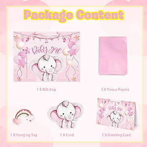 16" Large Baby Girl Gift Bag for Girl, 3D Making Pink Elephant Theme Baby Gift Bag with Tissue Paper and Greeting Card