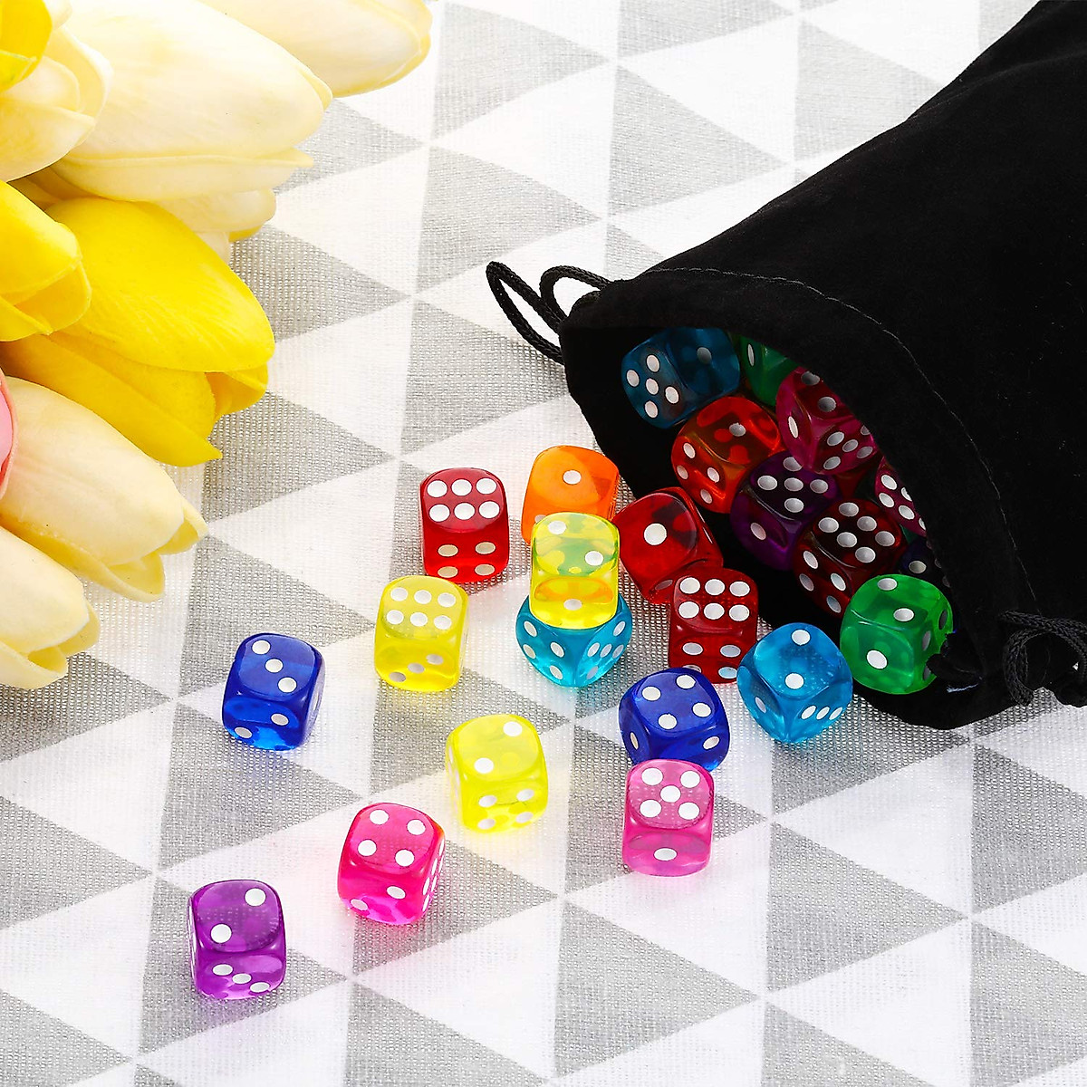 Blulu 6-Sided Games Dice Set, Colored Dice with Black Velvet Pouches for Playing Games, Like Board Games, Dice Games, Math Games, Party Favors and More (Rainbow Color, 14 mm)