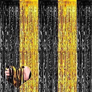 4 Pack 3.2Ft x 6.6Ft Black and Gold Fringe Curtain Backdrop, Metallic Tinsel Foil Fringe Streamers Curtains Background for Photo Booth Birthday Wedding Graduation Carnival Party Decorations