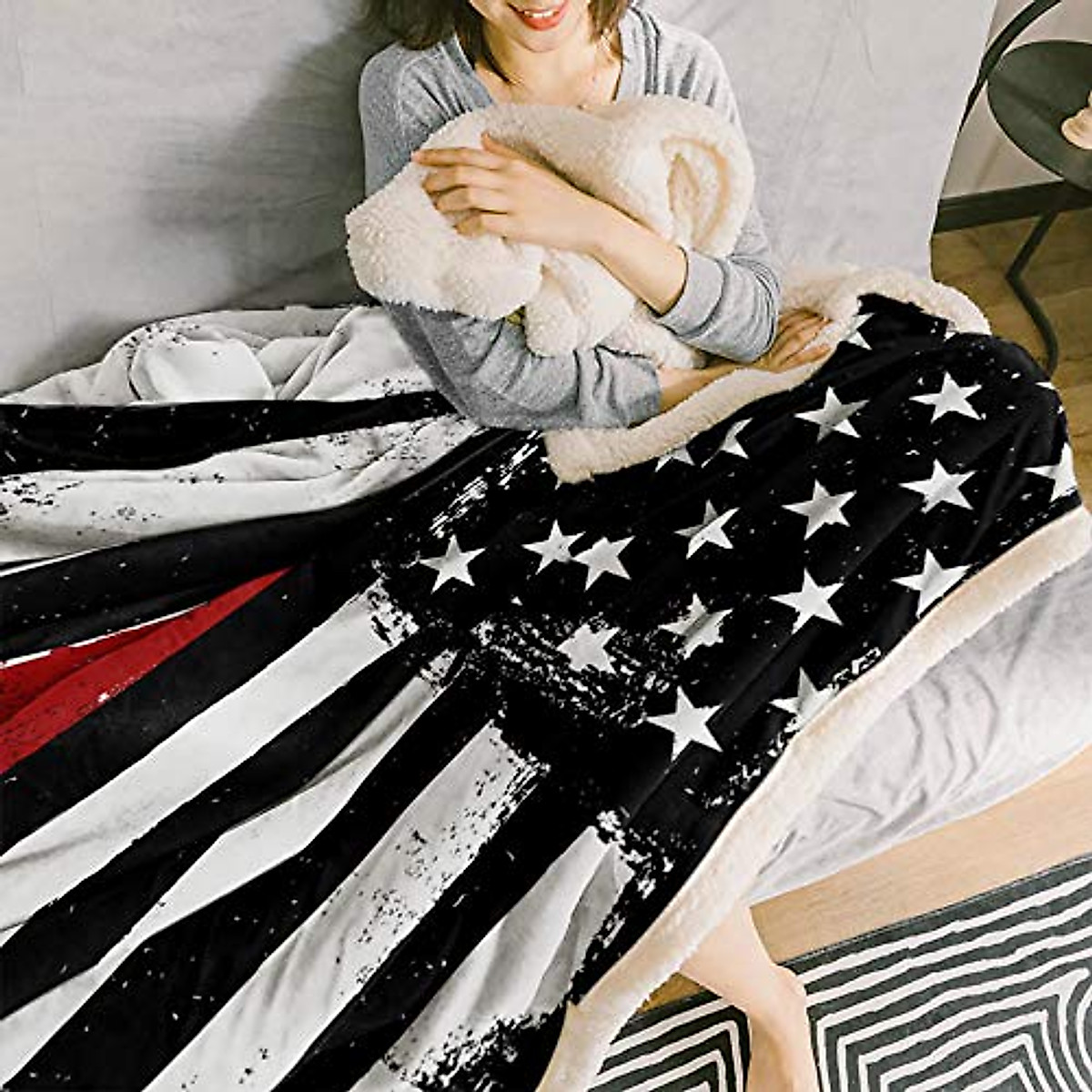 Sherpa Fleece Throw Blanket Black White and Red American Flag Home Decor Reversible Fuzzy Warm and Cozy Throws, Honoring Firefighters Redline Super Soft Plush Bed TV Blankets for Couch/Sofa/Travel