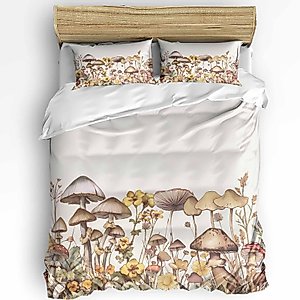 Boanket 3 Pieces Bedding Set Full Size, Vintage Mushroom Soft Duvet Cover Set Comforter Cover Set with Zipper Closure&Corner Ties All-Season Breathable Bedding Set Farmhouse Summer Botanical Floral