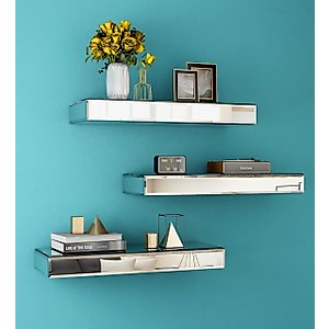 SHYFOY Mirrored Floating Shelves for Wall, Set of 3 Glass Wall Shelves for Bathroom Decor, Wall Mounted Shelves for Bedroom, Living Room, Kitchen, Storage & Decoration, Silver