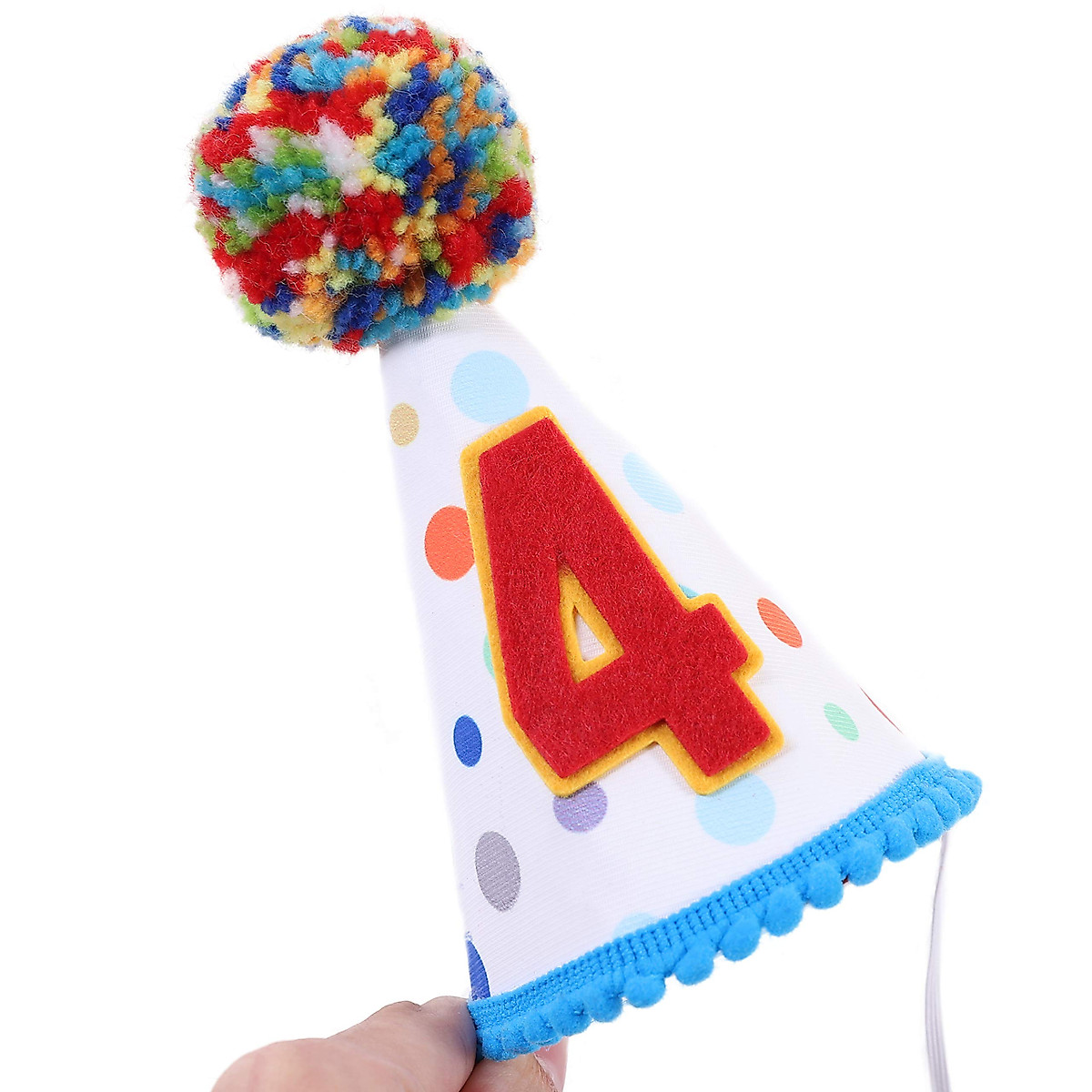 WAHAWU Baby 4th Birthday Party Handmade Hat, Primary Colors Confetti Cone Mini Hat with Multicolored Fur Balls, Stretchable Band, Fits Baby Girls/Boys, 3.5*3.1 inches, Costume Headwear