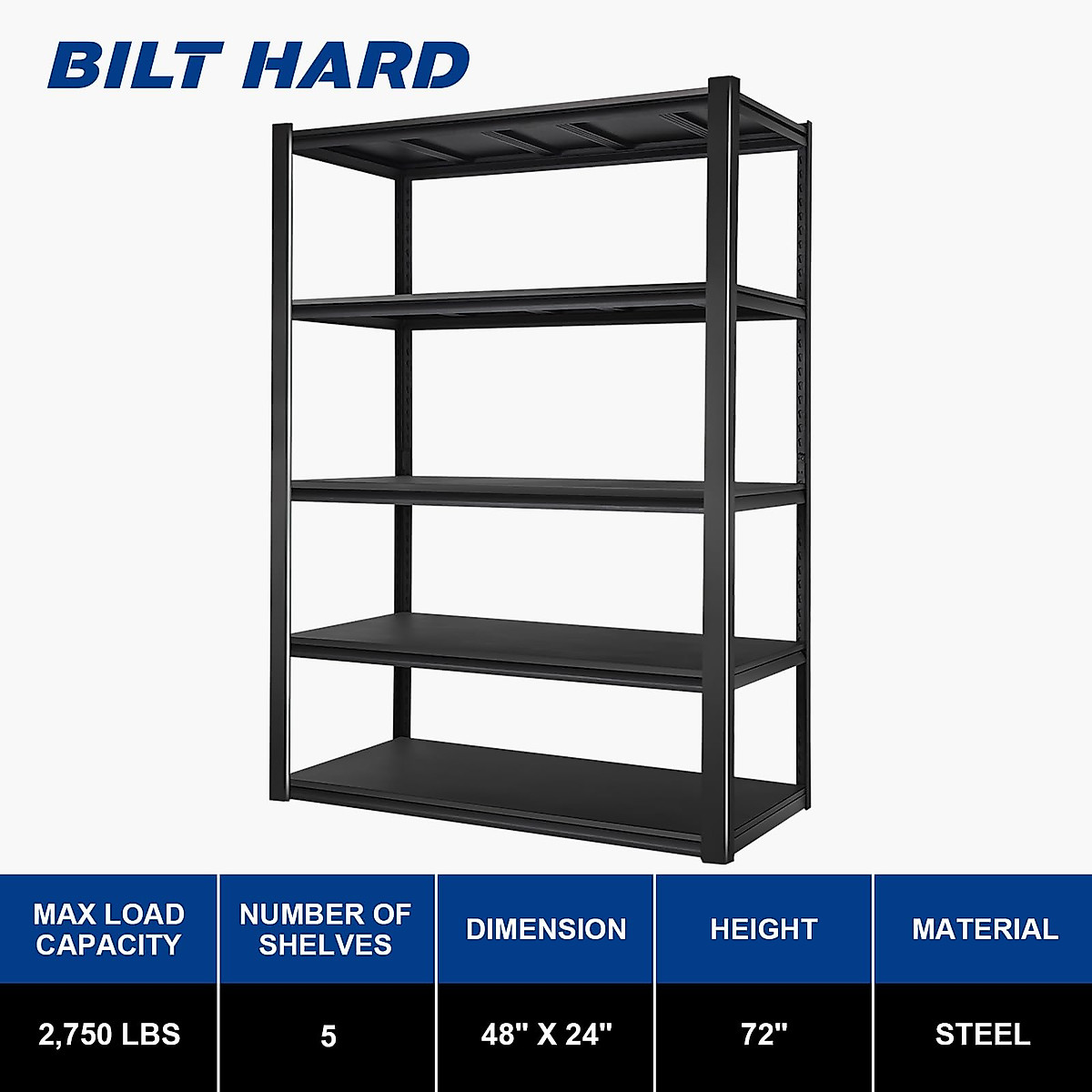 BILT HARD 48" W x 24" D x 72" H Garage Shelving Heavy Duty 2750LBS, 48 Inch Wide Adjustable 5-Tier Metal Shelves for Storage, Industrial Metal Shelf Utility Racks for Basement, Shop, Warehouse, Black
