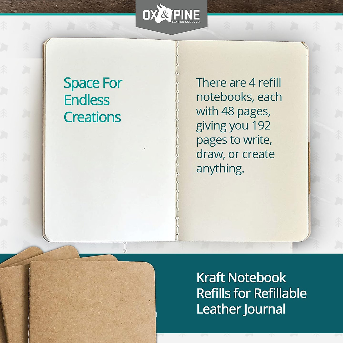 Ox & Pine Kraft Notebook Refills for Refillable Leather Journal (4 Pack) 4"x6", 5"x7", or 6"x8" (4x6, Graph Paper)