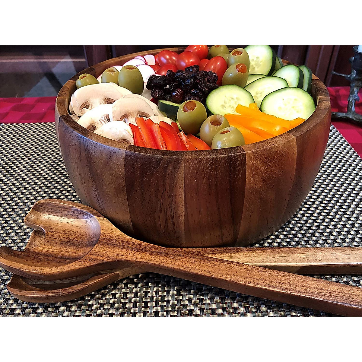 Kalmar Home 10-Inch Acacia Wood Large Dragor Salad Bowl with Servers