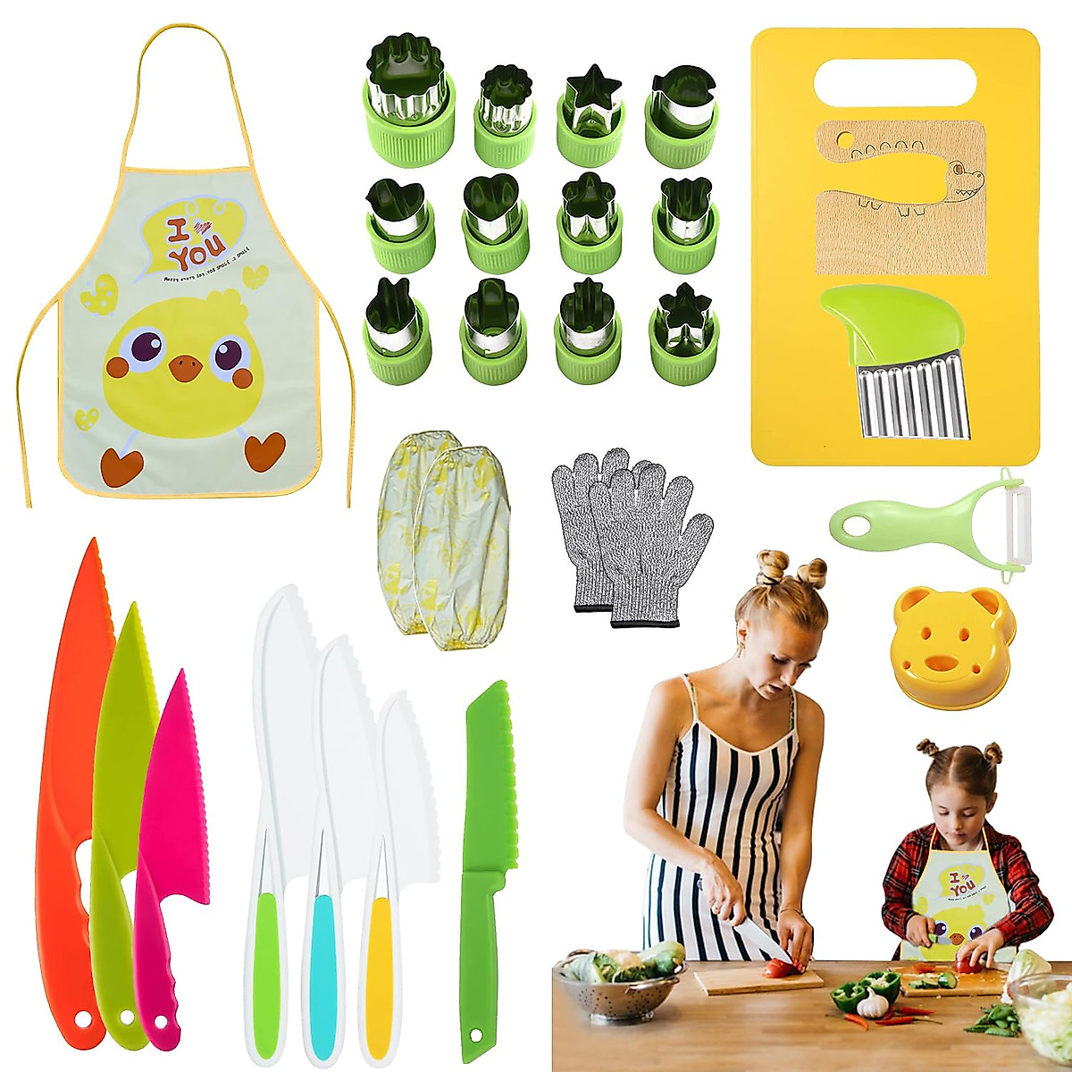 28 Pcs Plastic Toy Kitchen Tools Sets for Kids - Safe Knives Set with Cutting Board,Crinkle Serrated Edges/Wooden Cutter, Fruit Vegetable Mold/Peeler, Kids Knifes for Cooking with Protective Clothing