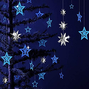 Decor365 Blue Silver Star Party Decoration Kit Metallic Glitter 3D Star Garland Twinkle Little Star Cutouts Starry Party Supplies Hanging Decor for Birthday Baby Shower Graduation Wedding Ramadan