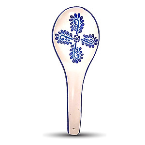 White Ceramic Spoon Rest - Hand Painted In Mexico - Handmade Talavera Kitchen Utensil Holder for Counter Stove Top - Dishwasher Safe - Mexican Style - Porta Cucharas Colonial White
