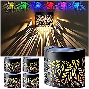DenicMic Solar Wall Lights Outdoor 4 Pack Fence Solar Lights Led Waterproof Deck Lighting for Patio Pool Step Front Door, Metal Leaf Fence Decorative Lights, Warm White/Color Changing