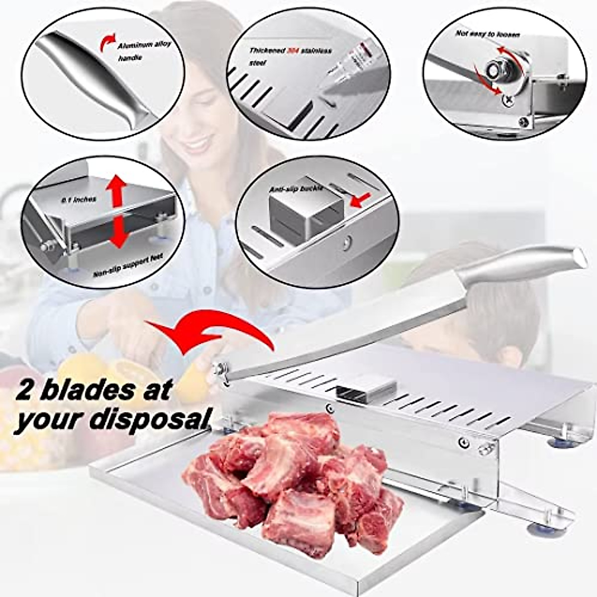 Manual Bone Meat Slicer,Stainless Steel Bone Cutter Machine,Rib Fish Chicken Beef Cutting Machine for Home Cooking and Commercial Cooking 15.3 In(2 Sharp Blades)