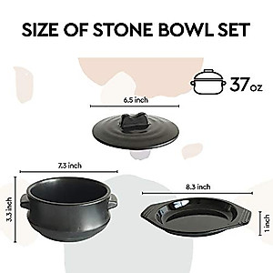 ElinCube Premium Korean Stone Bowl with Lid & Platter, Clay Pot for Cooking Hot Pot Dolsot Bibimbap and Soup Cookware