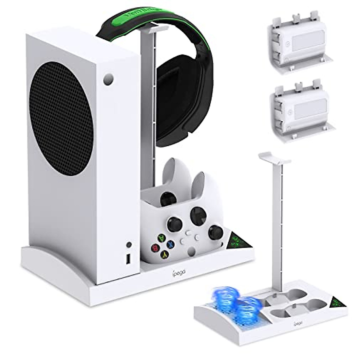 Charging Stand for Xbox Series S Console,Powerful Cooling Fan Dual Wireless Controller Charger Station Dock with 2 x 1400mAh Rechargeable Batteries Packs,Headset Holder for Xbox Series S,White