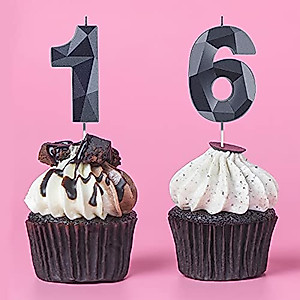 16th Birthday Candles Happy 16th Birthday Cake Toppers 3D Diamond Shape Number Candles Cake Topper Numeral Candles for Party Decoration Birthday Supplies (Black)