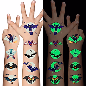 Awinmay Halloween Luminous Bat Temporary Tattoos for Kids - 10 Sheets Glow In The Dark Halloween Bat Theme Tattoos for Boys and Girls, Halloween Cosplay Face Makeup Accessories Holiday Party Gifts