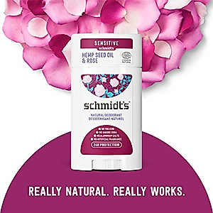 Schmidt's Aluminum Free Natural Deodorant for Women and Men, Hemp Seed Oil & Rose for Sensitive Skin with 24 Hour Odor Protection, Vegan, Cruelty Free 3.25 oz(Packaging may vary)