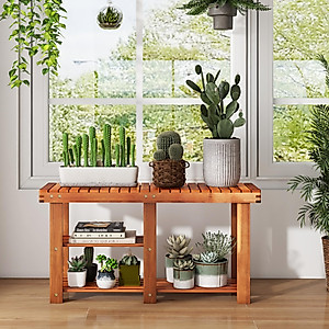 Tangkula 3-Tier Shoes Rack Bench, Entryway Storage Bench Shoes Organizer with Seat, Shoe Shelf for Boots, Acacia Wood Bench for Hallway, Bathroom, Living Room, Corridor Garden