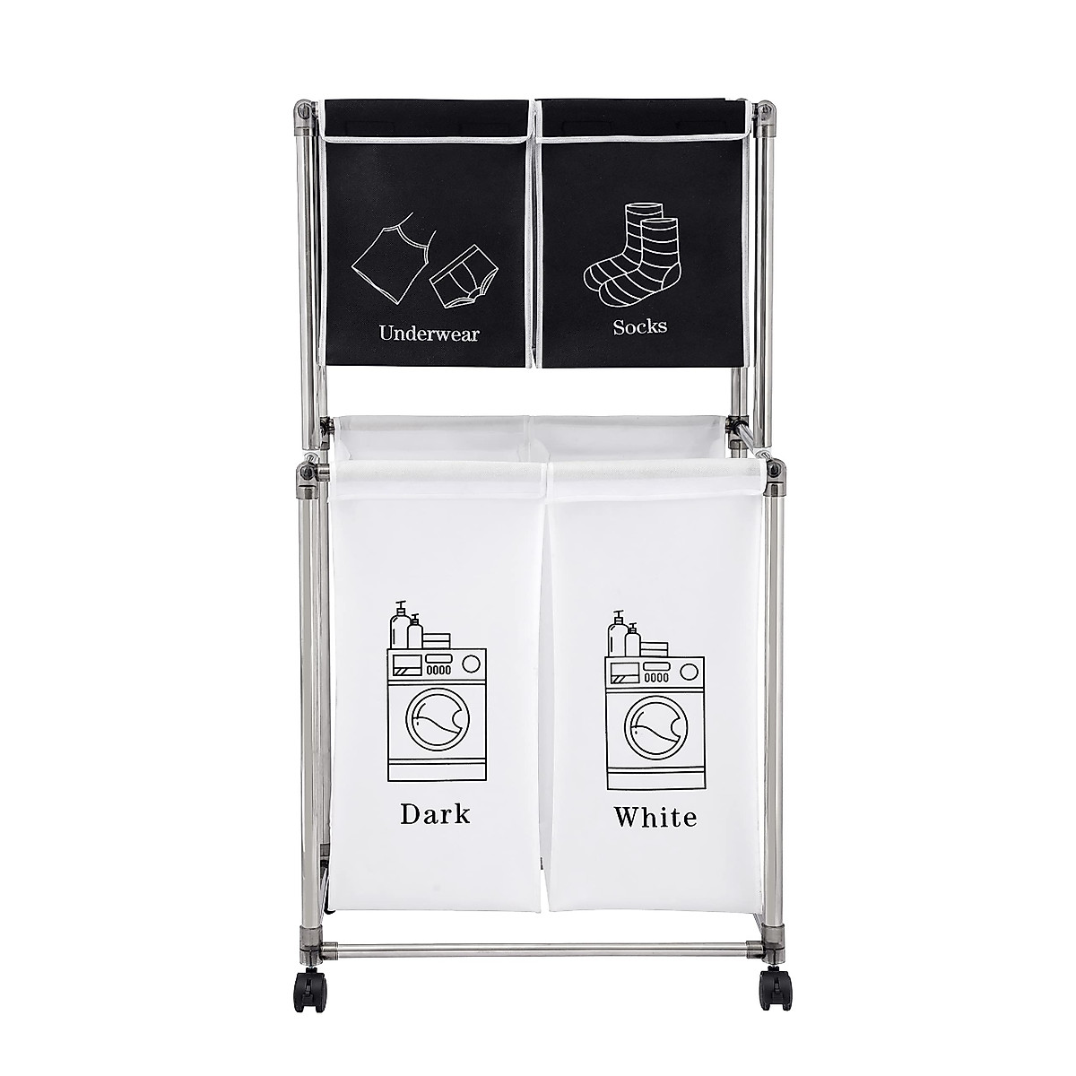 CEMKAR Laundry Basket 2-Tier Vertical Laundry Sorter with 4 Removable Bags for Laundry,with Four Wheels for Easy Movement， Small Spaces and Closets, Black and White