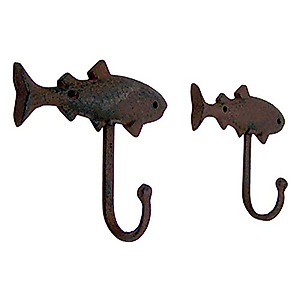 Primitive Brown Fish Cast Iron Anchor Wall Hooks, 5 1/4 Inches, Set of 2