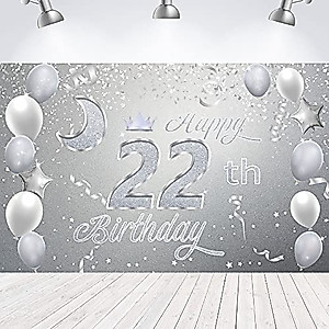 Sweet Happy 22th Birthday Backdrop Banner Poster 22 Birthday Party Decorations 22th Birthday Party Supplies 22th Photo Background for Girls,Boys,Women,Men - Silver 72.8 x 43.3 Inch