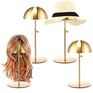 Sintuff 4 Pcs Hat Display Stand 7.9-15.7inch Adjustable Hat Holder Wigs Head Stand Anti Rust Non Slip Stable Stainless Steel Metal Hat Rack for Hat Storage Wig Styling Practice (Gold,Round Base)