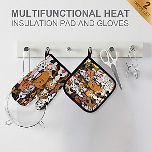 Cute Doodle Dog Print Animal Oven Mitts and Pot Holders Sets Heat Resistant Kitchen Oven Gloves Potholder for Cooking Baking Grill